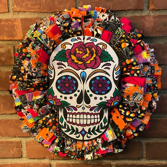 Hand Crafted | Holiday | Halloween Day Of The Dead Skull Rag Wreath ...